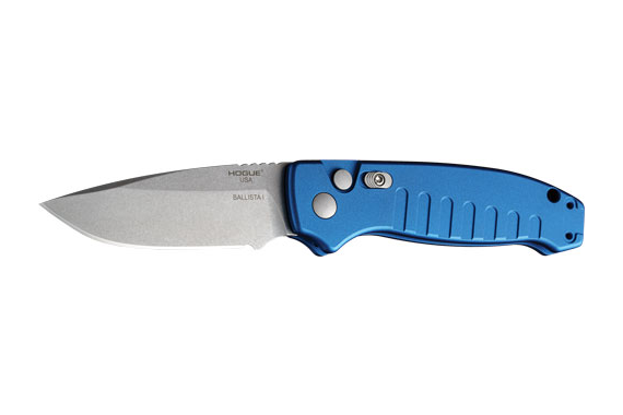 Hogue Ballista-i Button Auto - Drop Point Blade Tmbld Blu 3.